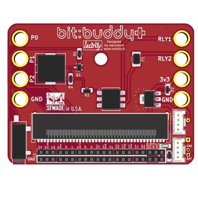 Bit:Buddy+ works with micro:bit v1, micro:bit v2 and Adafruit CLUE